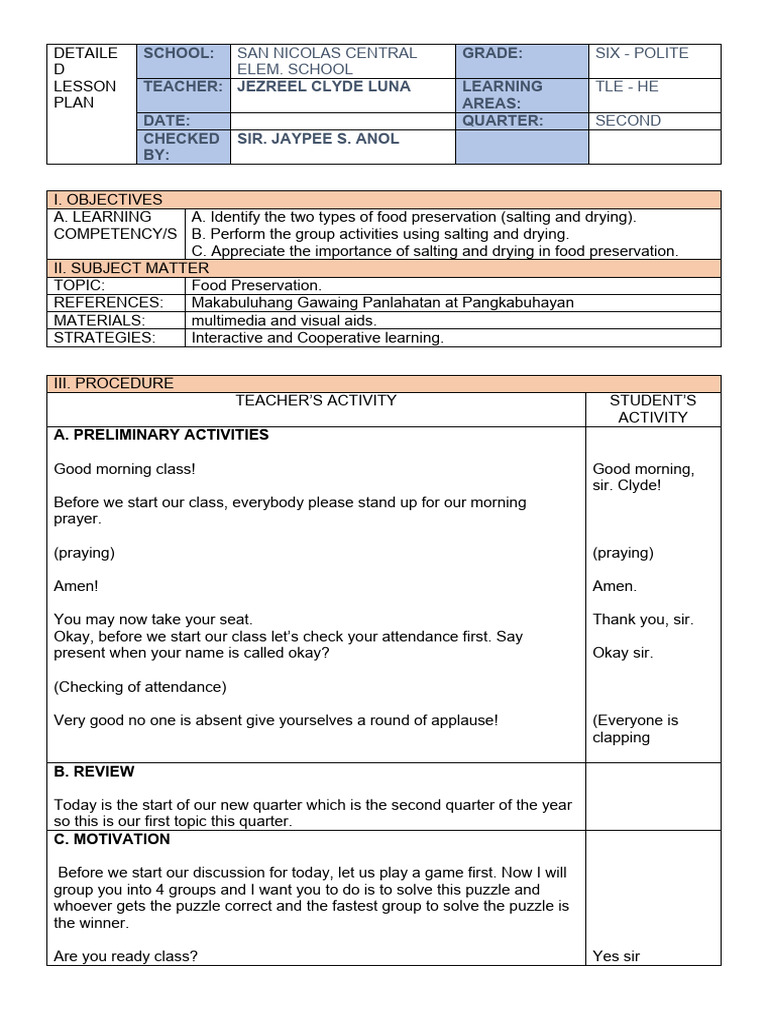 Grade 6 Lesson Plan: Food Preservation | PDF | Food Preservation ...