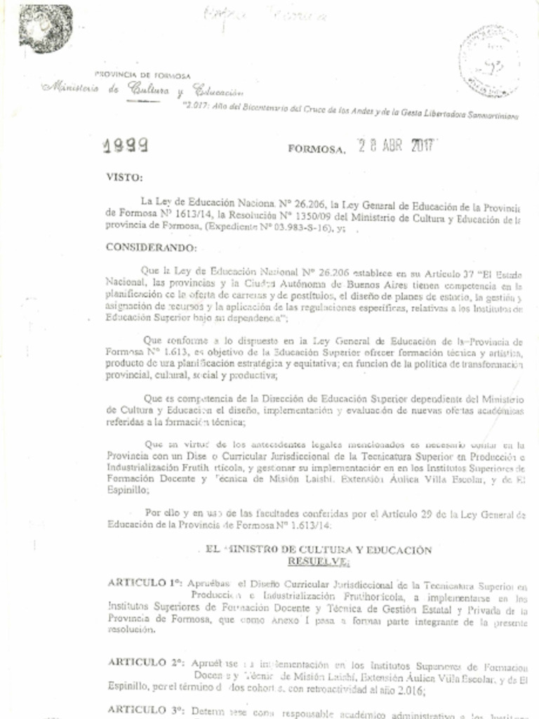 TEC SUP EN PROD E INDUSTRIALIZACIÓN FRUTIHORTICOLA RES N° 1999-17 ...