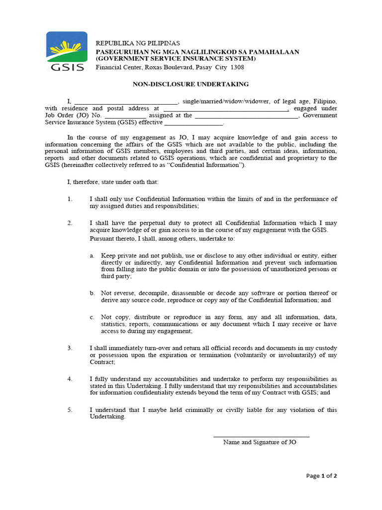 Non Disclosure Undertaking For JOs | PDF | Non Disclosure Agreement ... Non Disclosure Undertaking For JOs | PDF | Non Disclosure Agreement ...