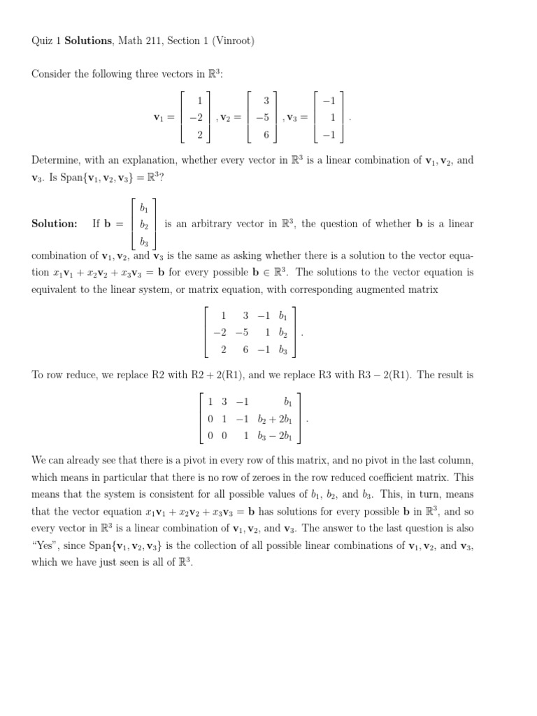 211 S11 Quiz 1 Solns | PDF | System Of Linear Equations | Algebra