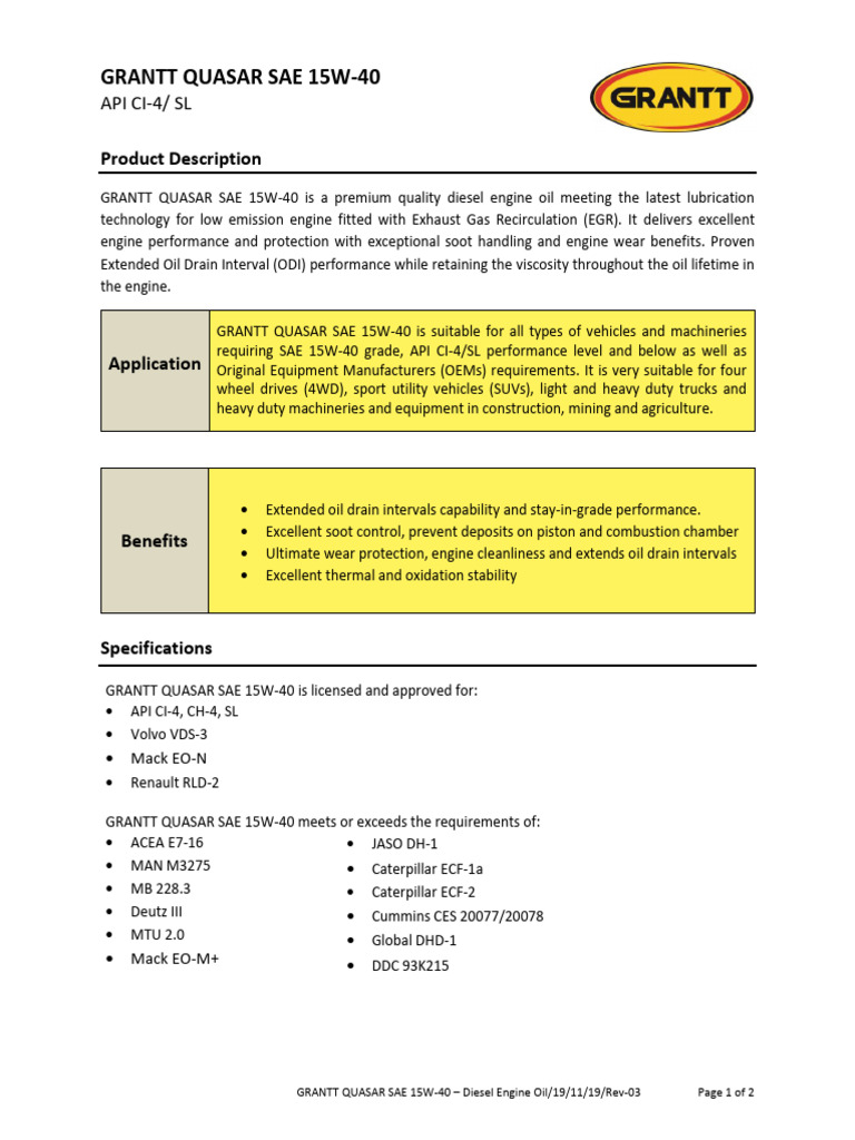 Grantt Engine Oil Spec | PDF | Motor Oil | Physical Sciences