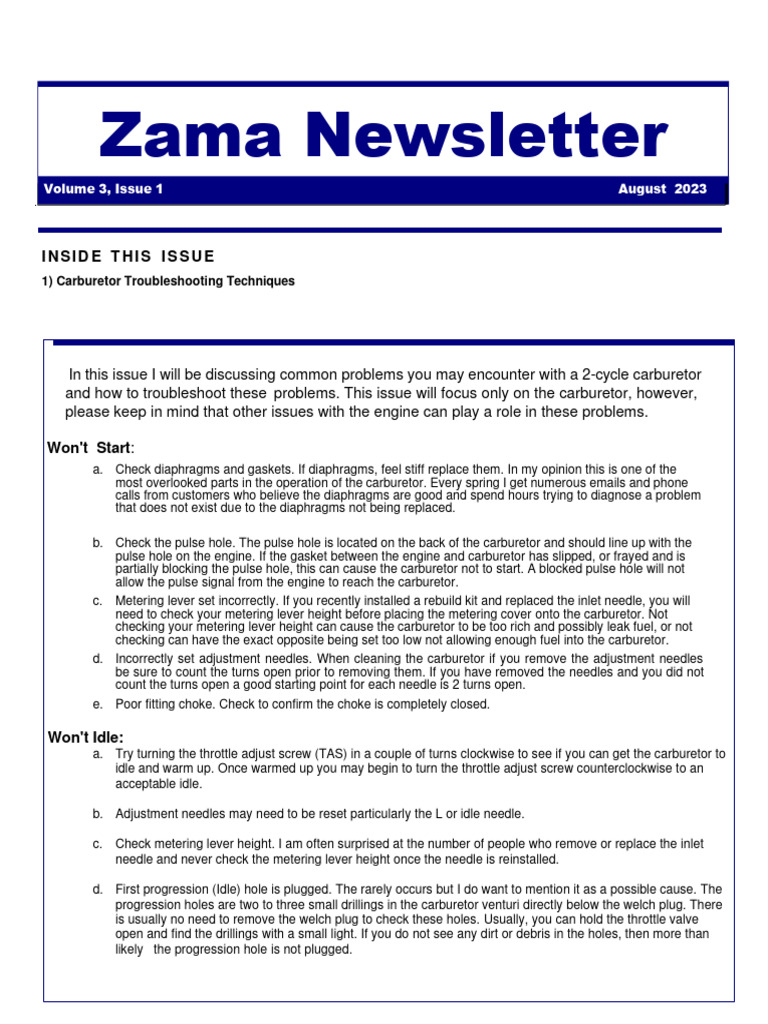 #Zama NewsletterAugust2023 | PDF | Throttle | Carburetor