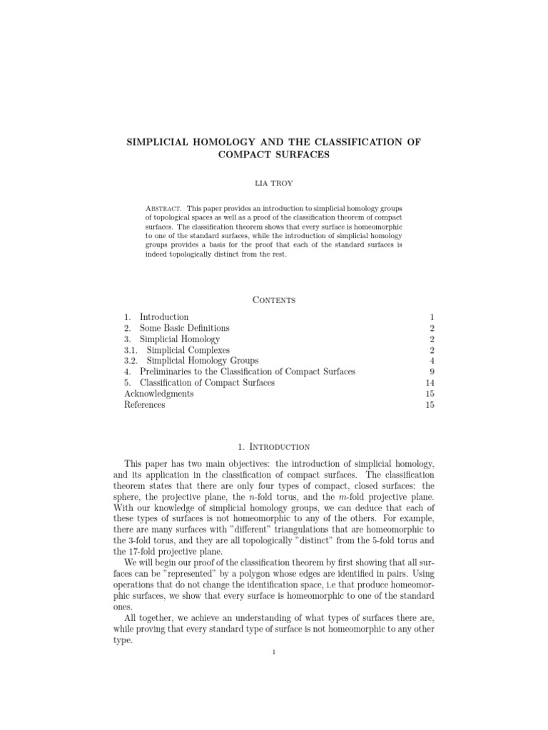 SIMPLICIAL HOMOLOGY AND THE CLASSIFICATION OF Compact Surfaces | PDF ...