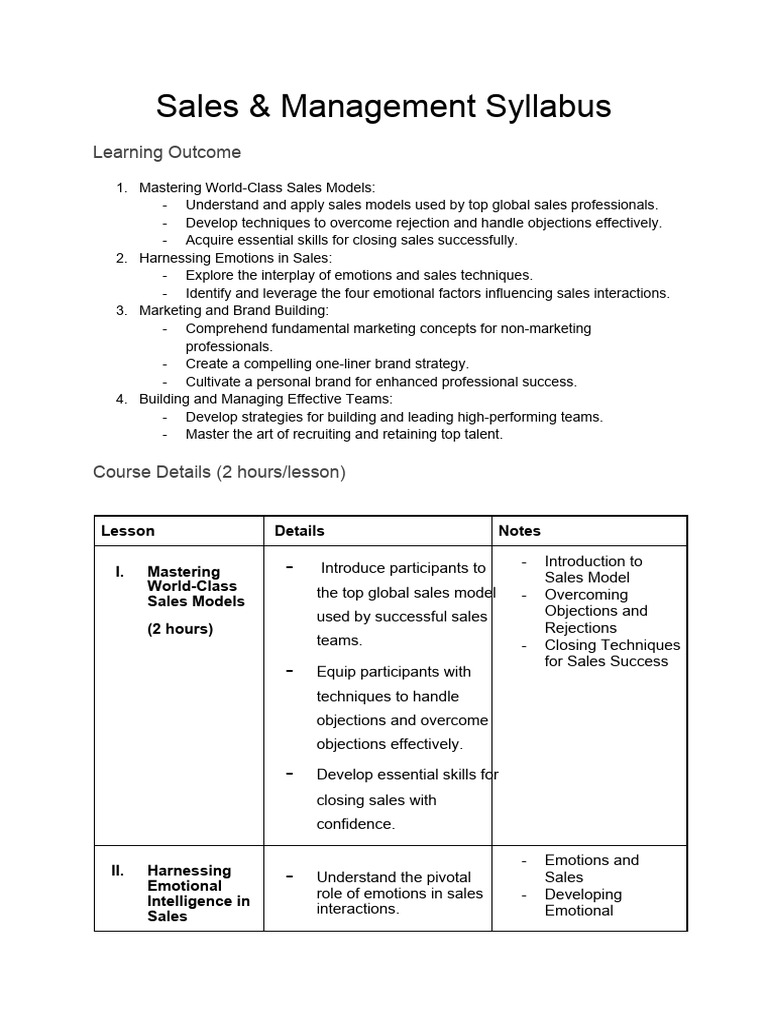 Sales Management Syllabus | PDF | Sales | Marketing