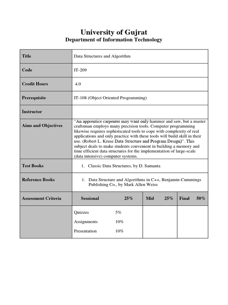 IT-209 (DSA) Course Outline-New | Download Free PDF | Computer Programming | Mathematical Logic