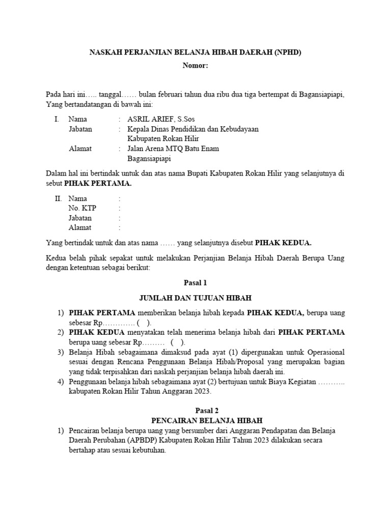 Naskah Perjanjian Belanja Hibah Daerah (NPHD) | PDF