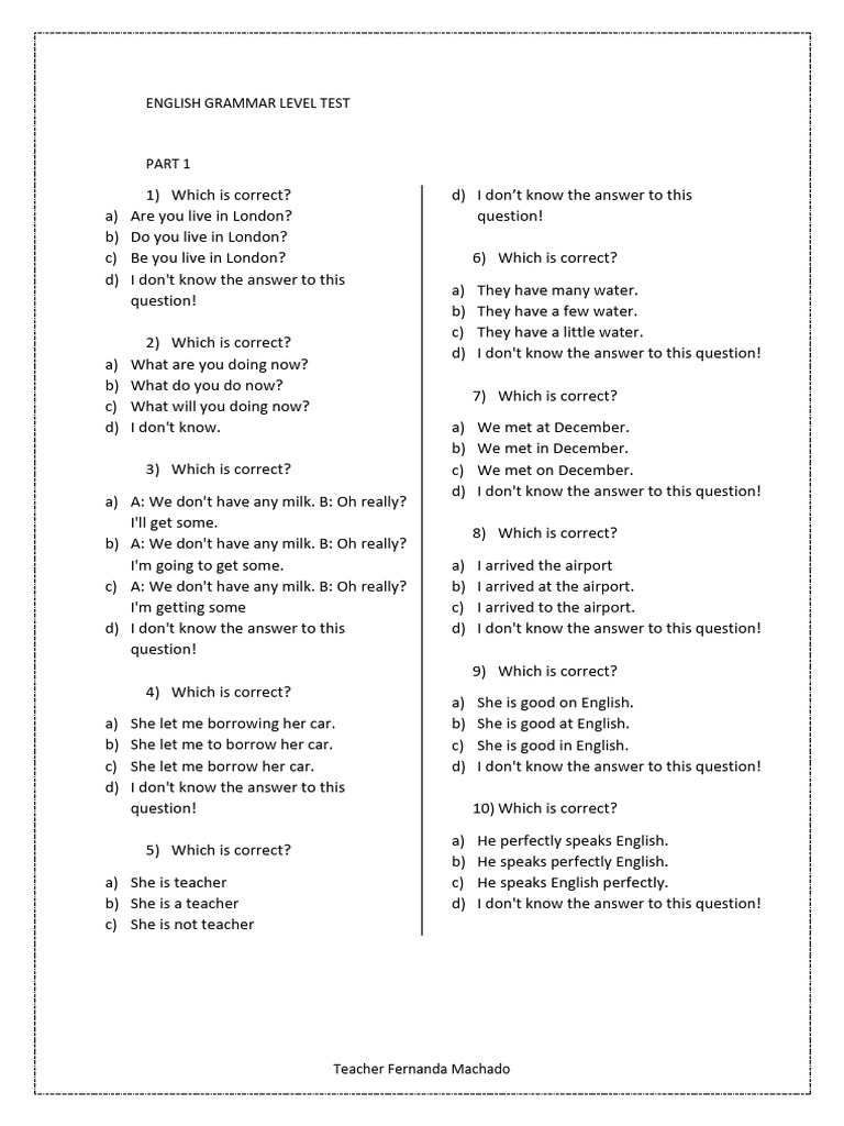 English Grammar Level Test | PDF