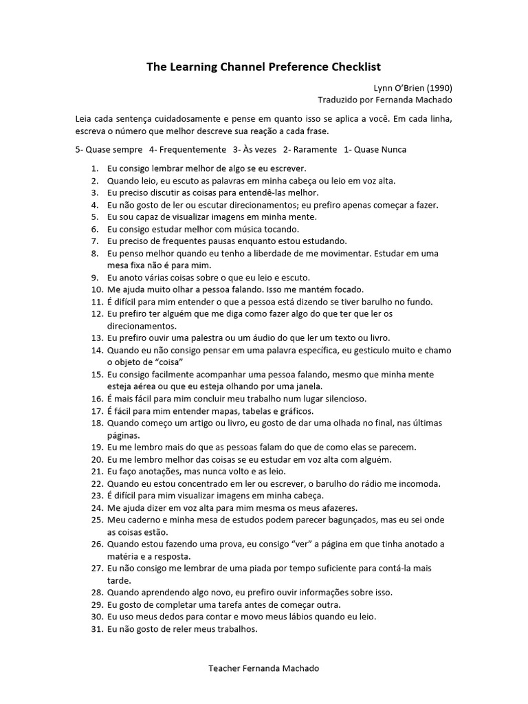 The Learning Channel Preference Checklist | PDF