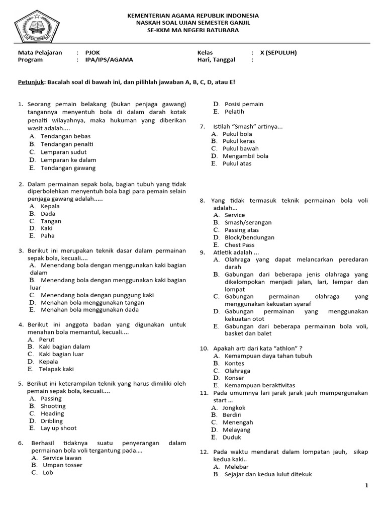 Soal Pjok Kelas X Semester Ganjil | PDF