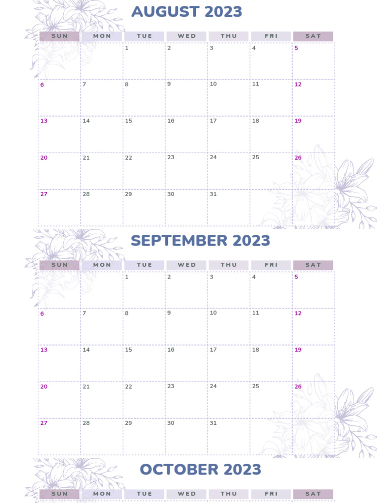 Purple Lavender White Flower Simple Modern August 2023 Monthly Calendar ...