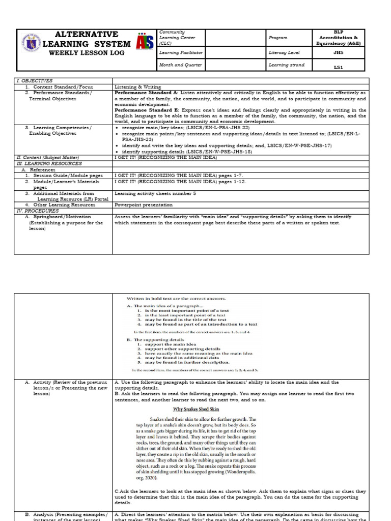 Ls1-Lesson 1 Main Idea | Download Free PDF | Learning | Paragraph