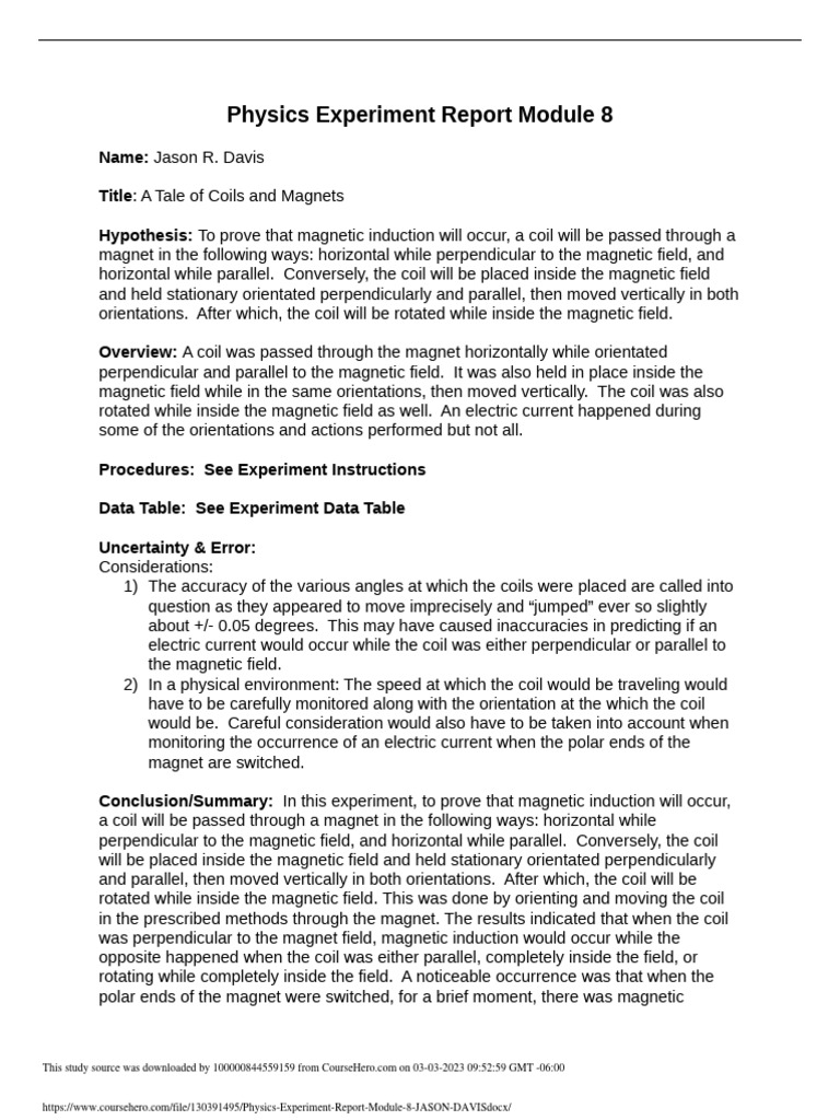 Physics Experiment Report Module 8 JASON DAVIS | PDF | Magnetic Field | Inductor