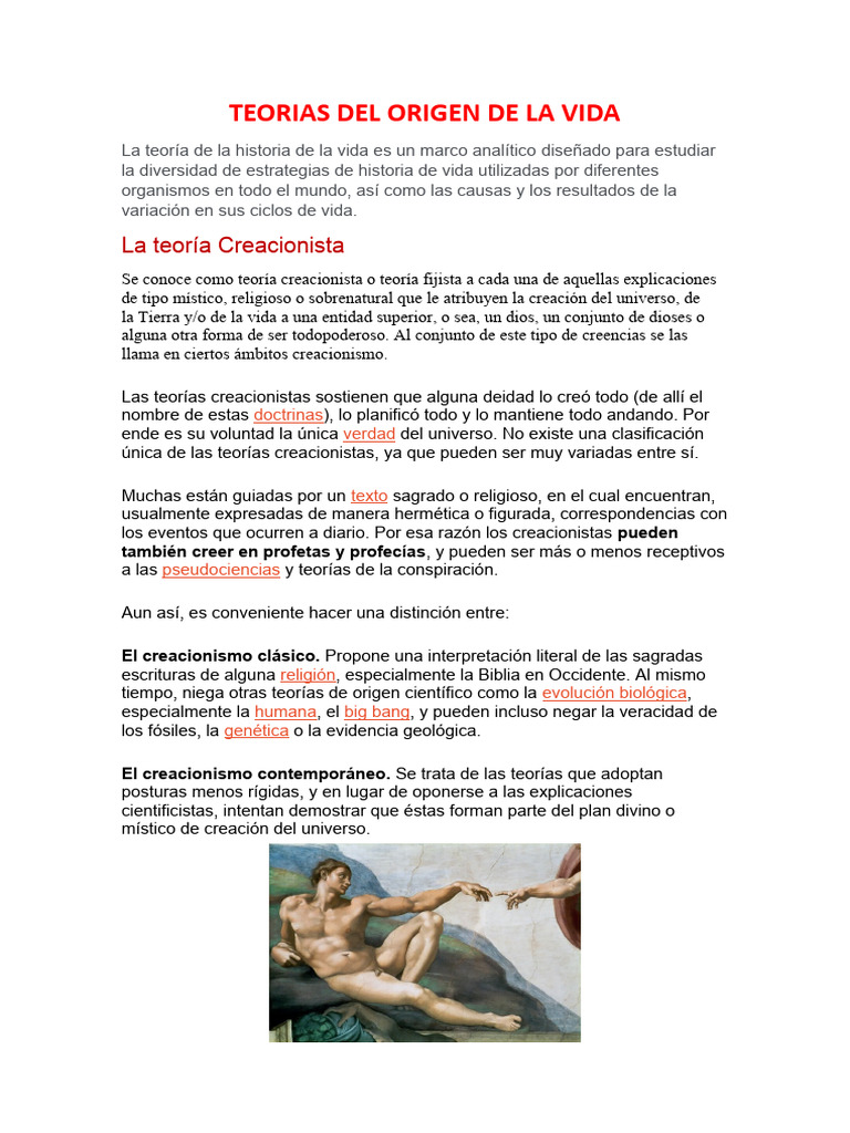 Teorias Del Origen de La Vida | PDF | Creacionismo | Naturaleza