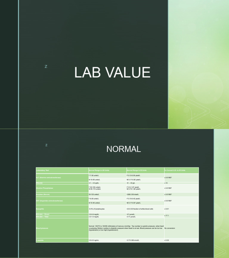 Normal Lab Value | PDF | Blood Pressure | Alanine Transaminase