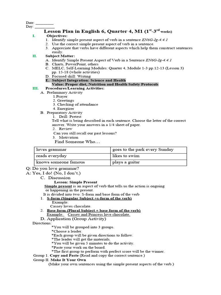 Lesson Plan Simple Present Grade 6 q4 | PDF | Verb | Cognitive Science