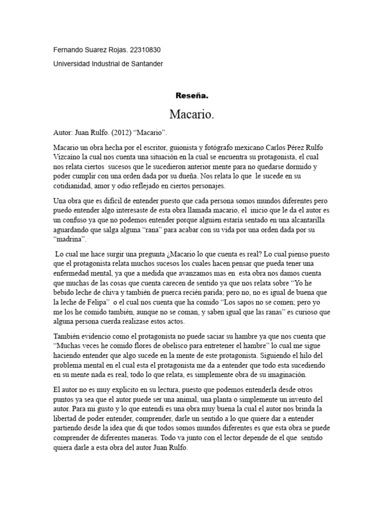 Reseña Juan Rulfo (Macario) | PDF | Autor
