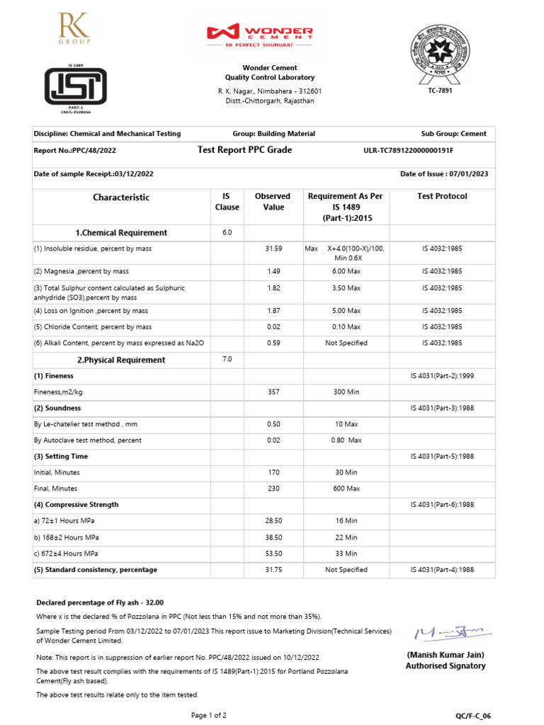 Wonder Cement PPC - 28 Days | PDF | Cement | Fly Ash