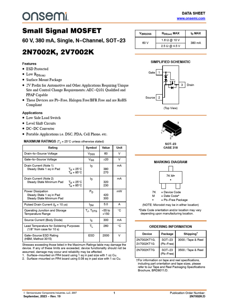 Small Signal MOSFET 2N7002K, 2V7002K | PDF | Anode | Cathode