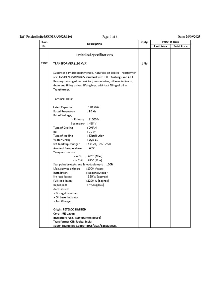 Offer For 150 KVA Substation | PDF | Transformer | Electrical Substation