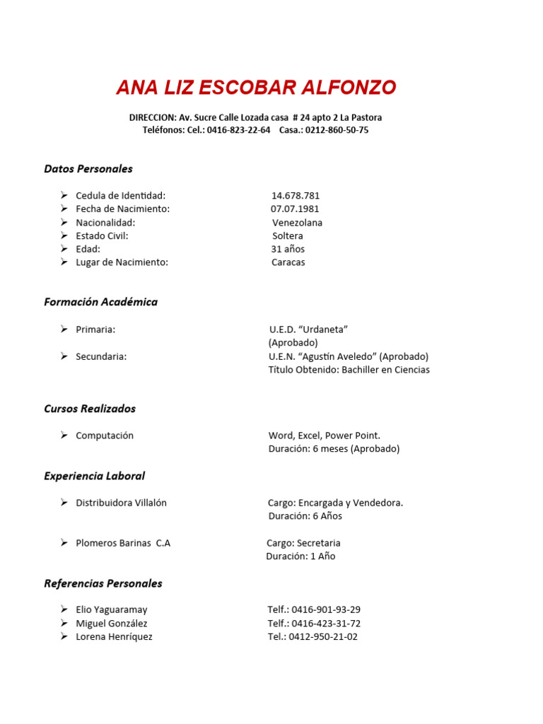 Curriculum de Ana Liz | PDF