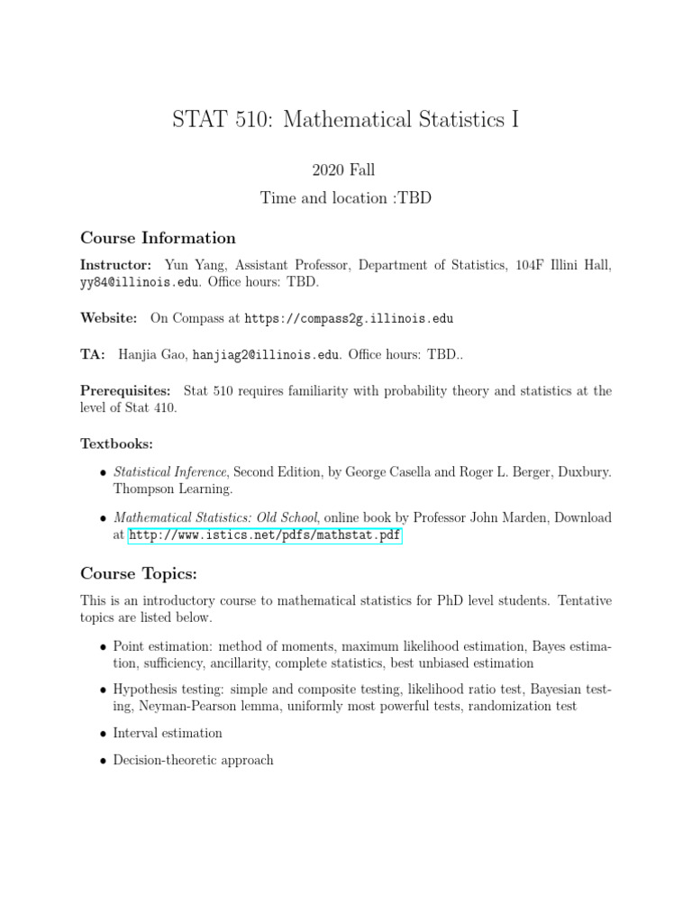 Stat511 Syllabus Pdf Statistics Estimation Theory