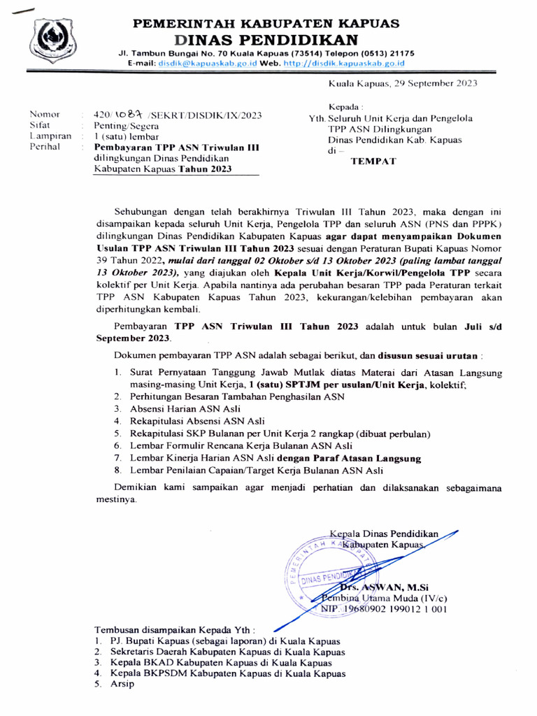 Surat Kadisdik Perihal Pembayaran TPP ASN Triwulan III Dilingkungan ... Surat Kadisdik Perihal Pembayaran TPP ASN Triwulan III Dilingkungan ...