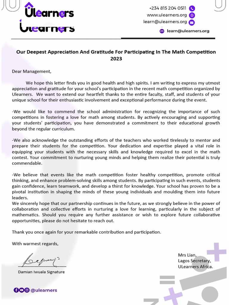 Our Deepest Appreciation and Gratitude For Participating in The Math ...