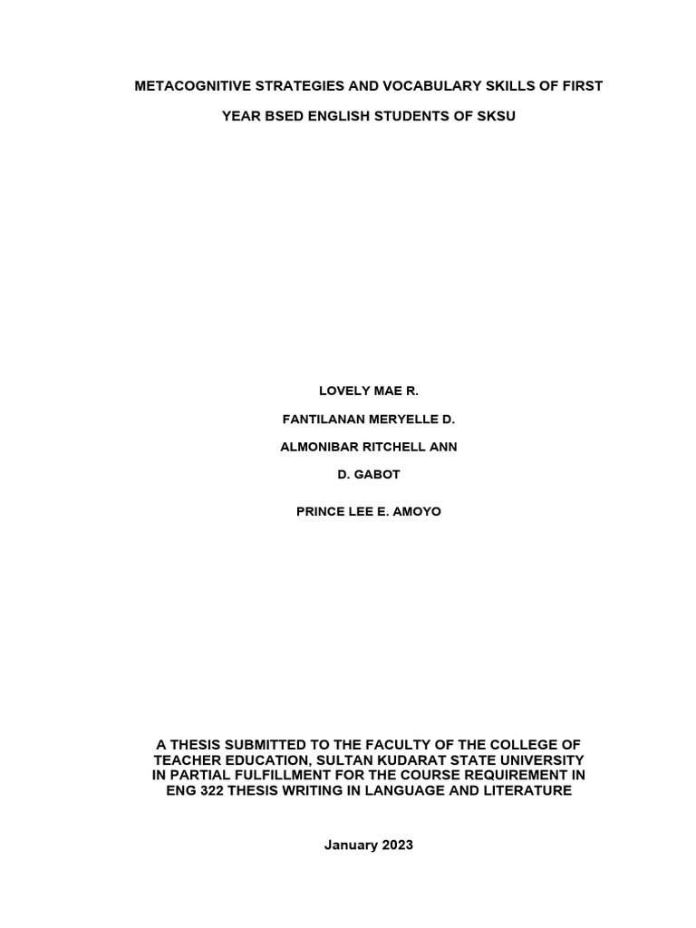 Metacognitive Strategies On Vocabulary Skills of First Year Bsed English Students of Sksu Final ...