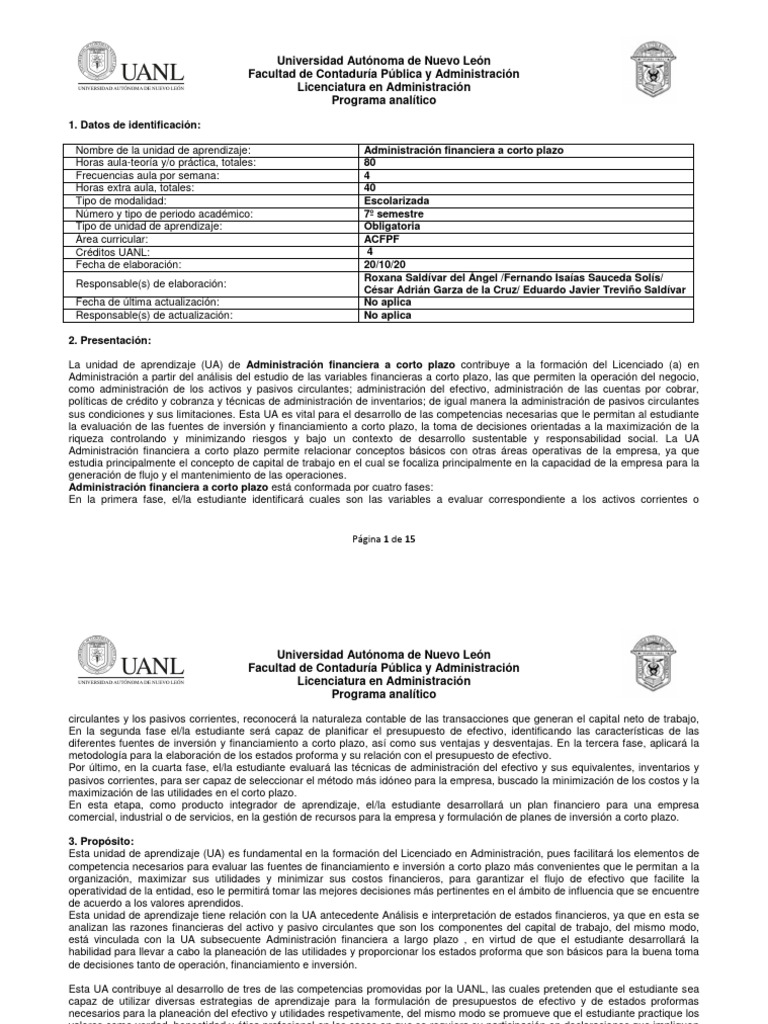 1 PA 420 Administración Financiera A Corto Plazo | PDF | Contabilidad | Presupuesto