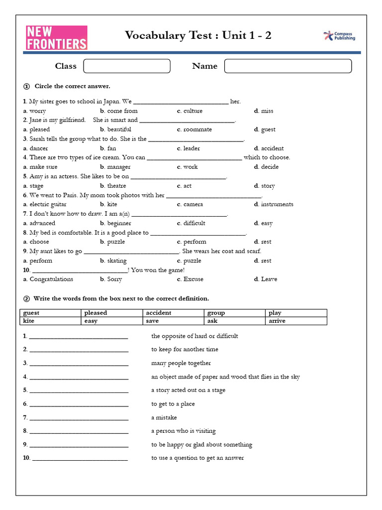Vocabulary Tests for New Frontiers Units 1-8 | PDF