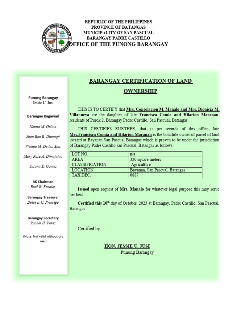 Barangay Land Ownership Certification | PDF