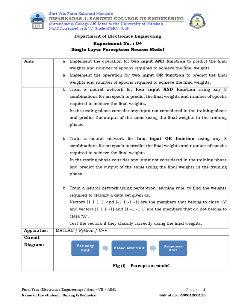 Single Layer Perceptron Experiment | PDF | Artificial Neural Network ...