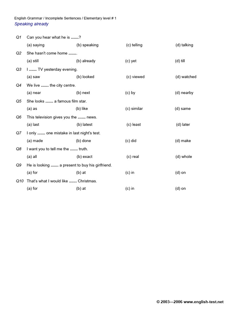 Speaking Already: English Grammar / Incomplete Sentences / Elementary ...
