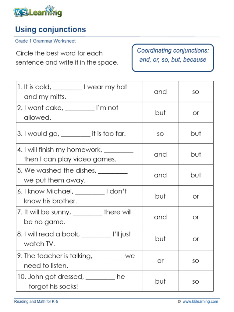 Conjunctions Worksheet 1 | Download Free PDF | Syntax | Grammar