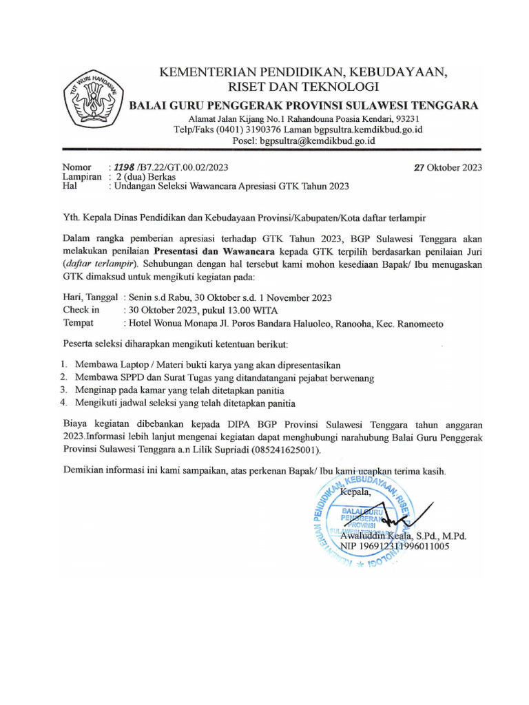 1198 - Undangan Seleksi Wawancara Apresiasi GTK Tahun 2023 (1) (Repaired) | PDF
