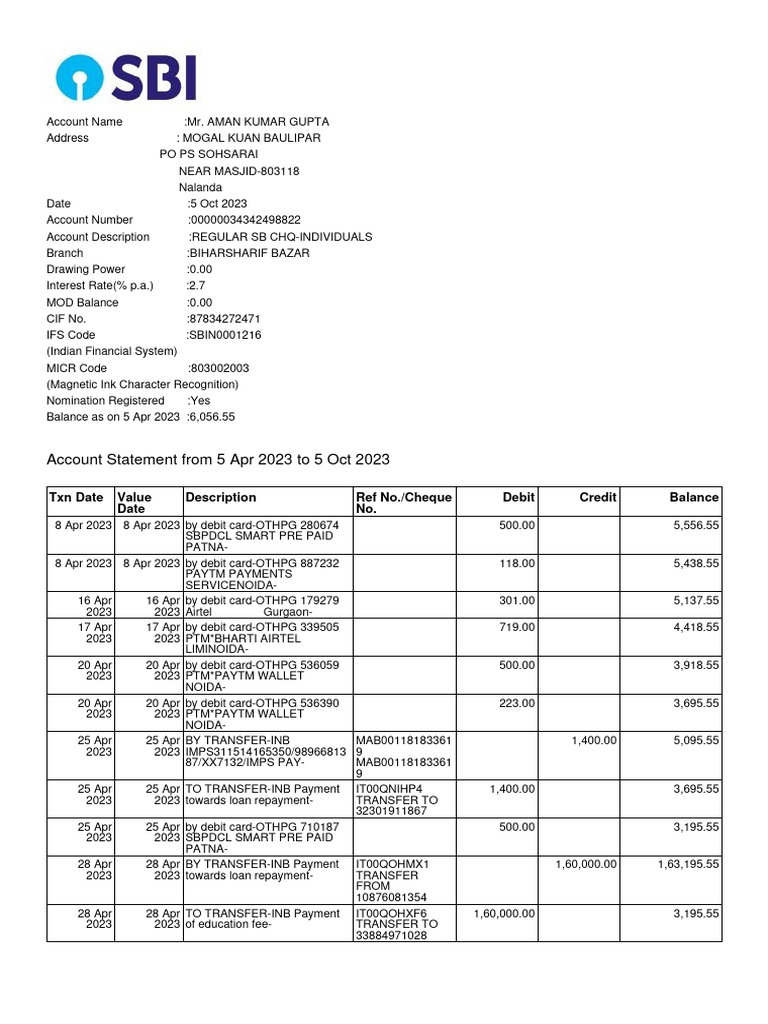 Aman Kumar Gupta Bank Statement | PDF | Annual Percentage Rate | Payments