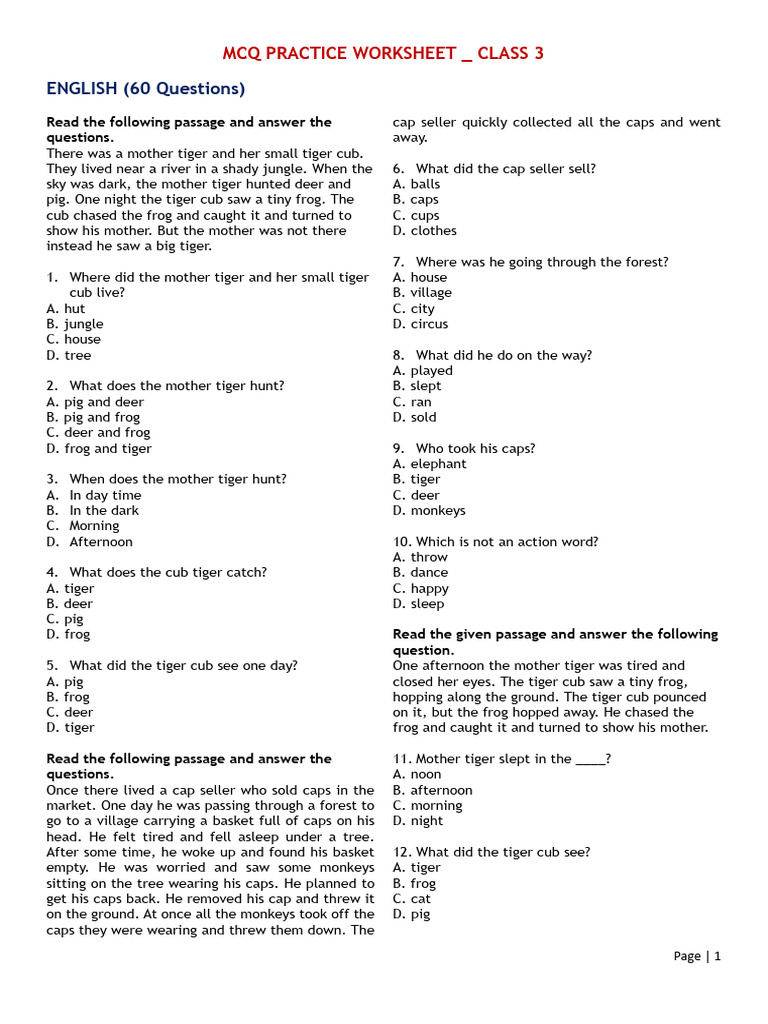 Final-60-MCQ Std-3rd Eng Maths EVS | PDF | Tiger