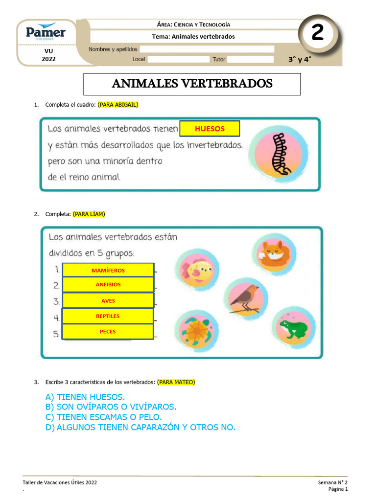 3° y 4° - Semana 2 - CIENCIA (Trabajar Pregunta 10) | PDF | Vertebrados ...