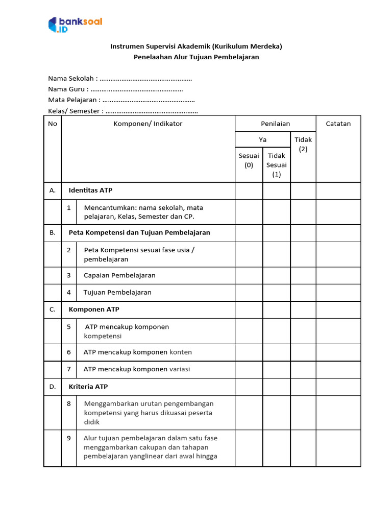 Instrumen Supervisi Penelaahan Atp | PDF