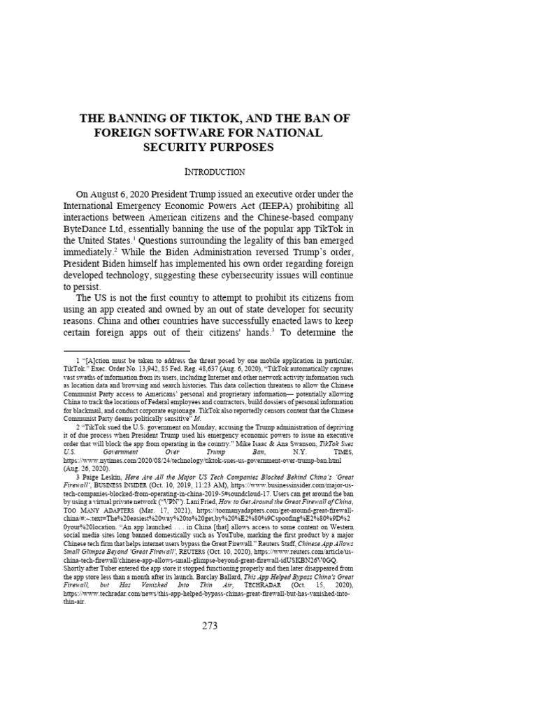 The Banning of Tiktok, and The Ban of Foreign Software For National Security Purposes | PDF ...