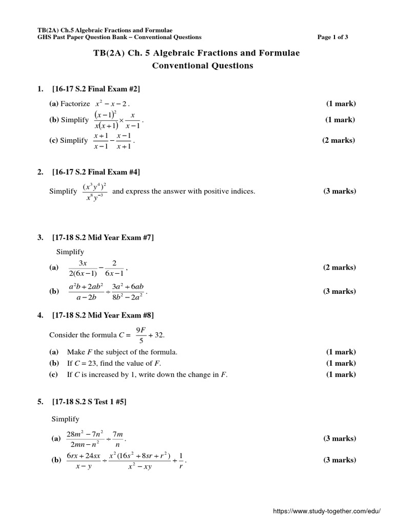 Algebraic Fractions & Formulae Practice | PDF | Mathematics | Algebra
