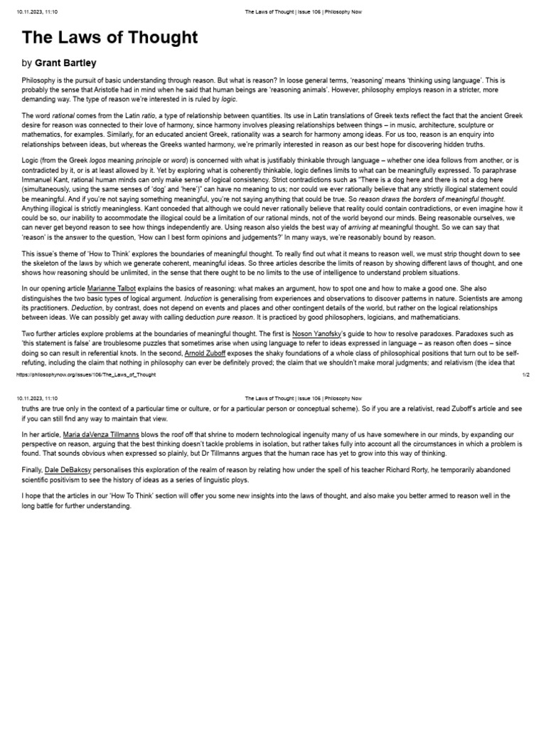 The Laws of Thought - Issue 106 - Philosophy Now | PDF | Reason | Thought The Laws of Thought - Issue 106 - Philosophy Now | PDF | Reason | Thought