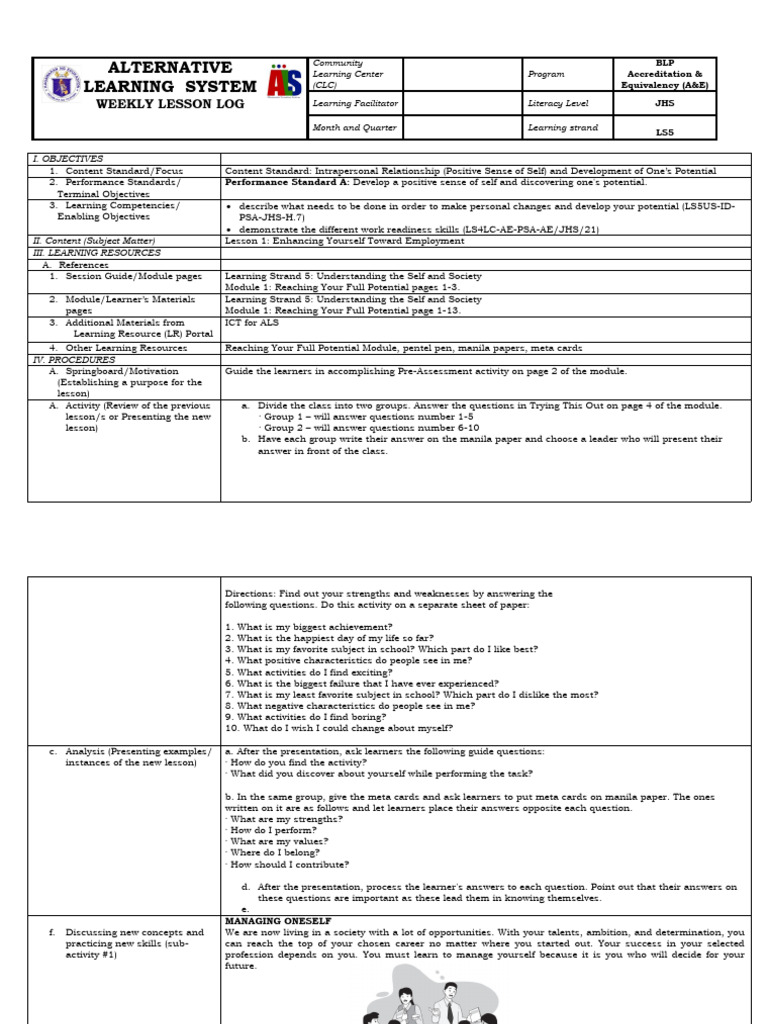 LS5 - Lesson 1 Enhancing Yourself Toward Employment | PDF | Learning ...