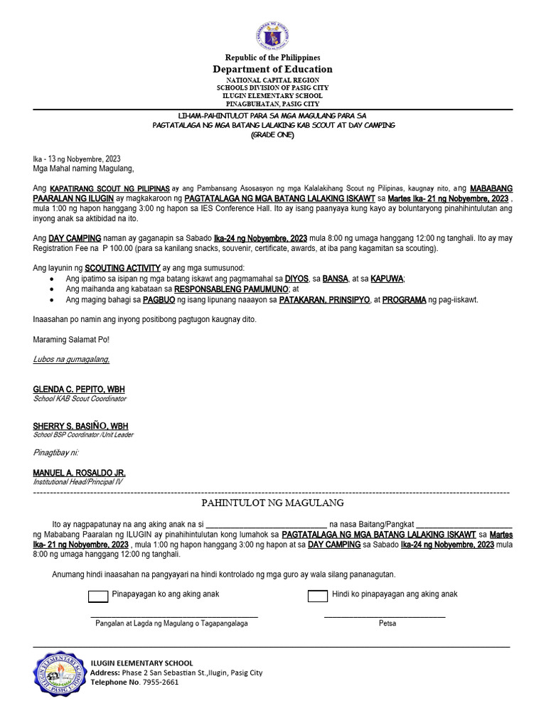 BSP Parents Consent 2023 GRADE 1 | PDF