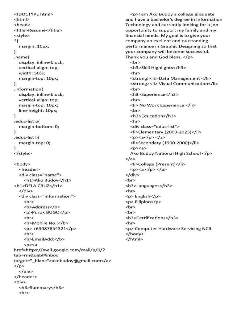 Resume Sample HTML | PDF | Computers