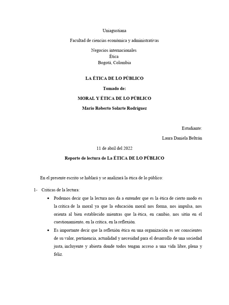 Reporte de Lectura Etica - Laura Beltran | PDF | Moralidad | Institución Reporte de Lectura Etica - Laura Beltran | PDF | Moralidad | Institución