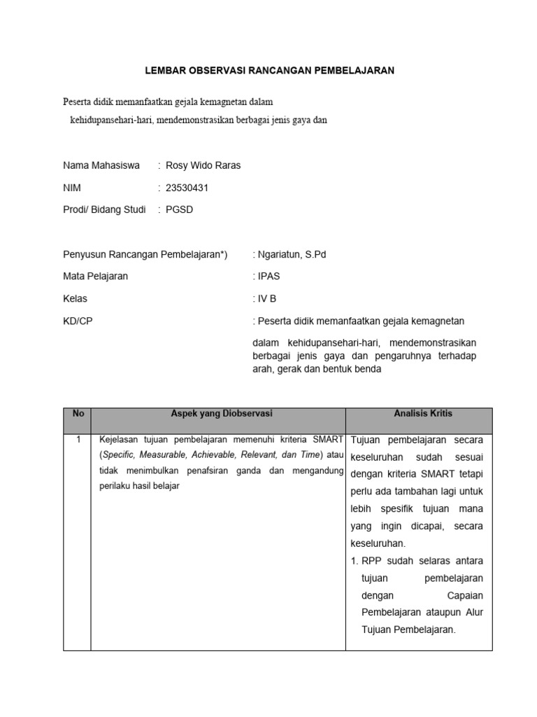 Lampiran 4. LK 3 Contoh Format Lembar Observasi Rancangan Pembelajaran ...
