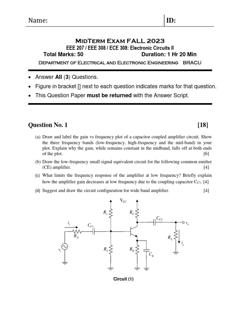 EEE308 Midterm Fall 2023 | PDF | Amplifier | Electronics