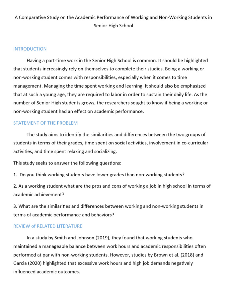 Working And Non Working Students In Senior High School Pdf