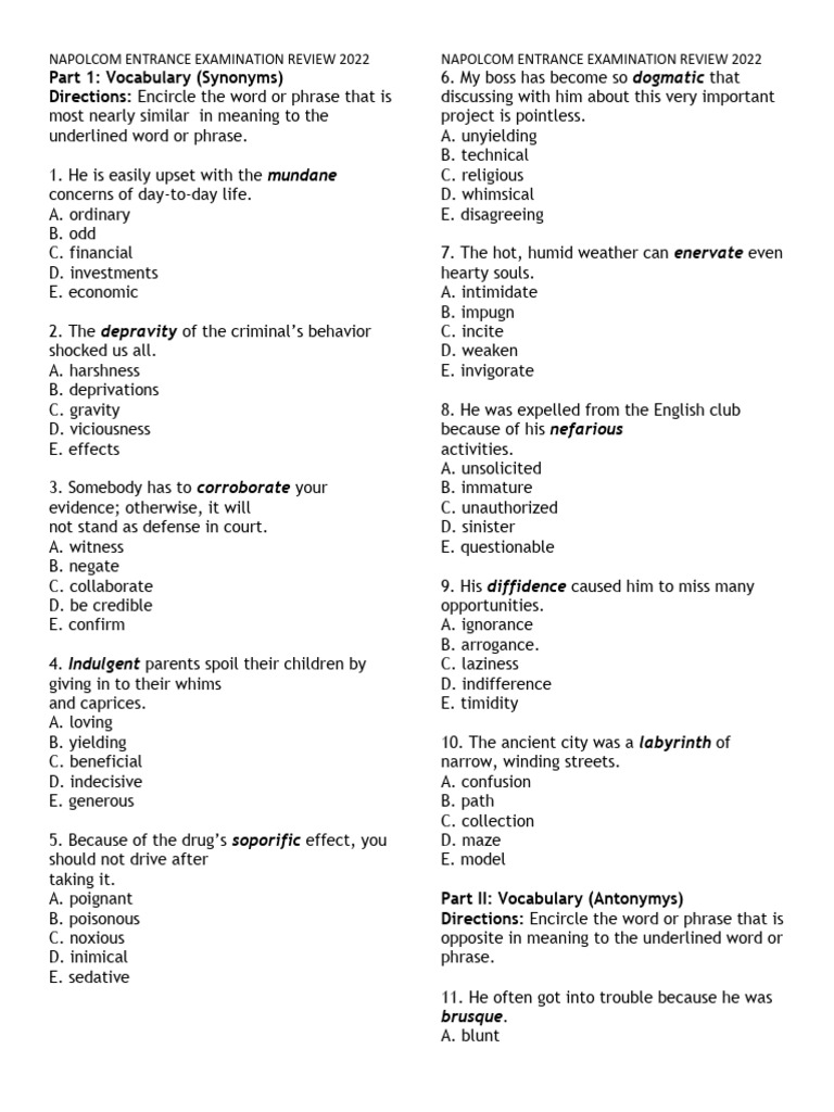 Part 1: Vocabulary (Synonyms) Directions: Encircle The Word or Phrase ...